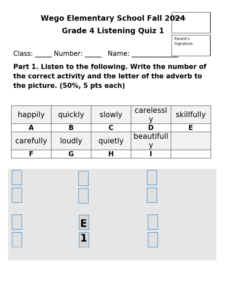 Wego Elementary School Fall 2024 Grade 4 Listening Quiz 1 | PDF