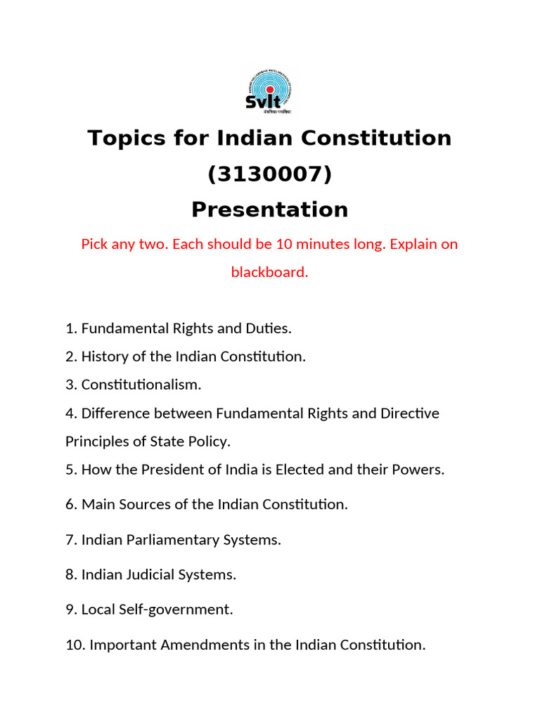 Topics for Indian Constitution | PDF