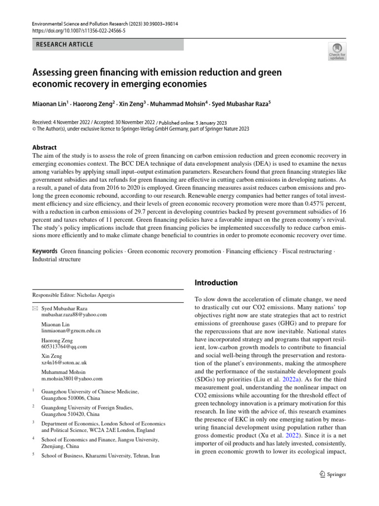 Assessing Green Financing With Emission Reduction and Green Economic ...