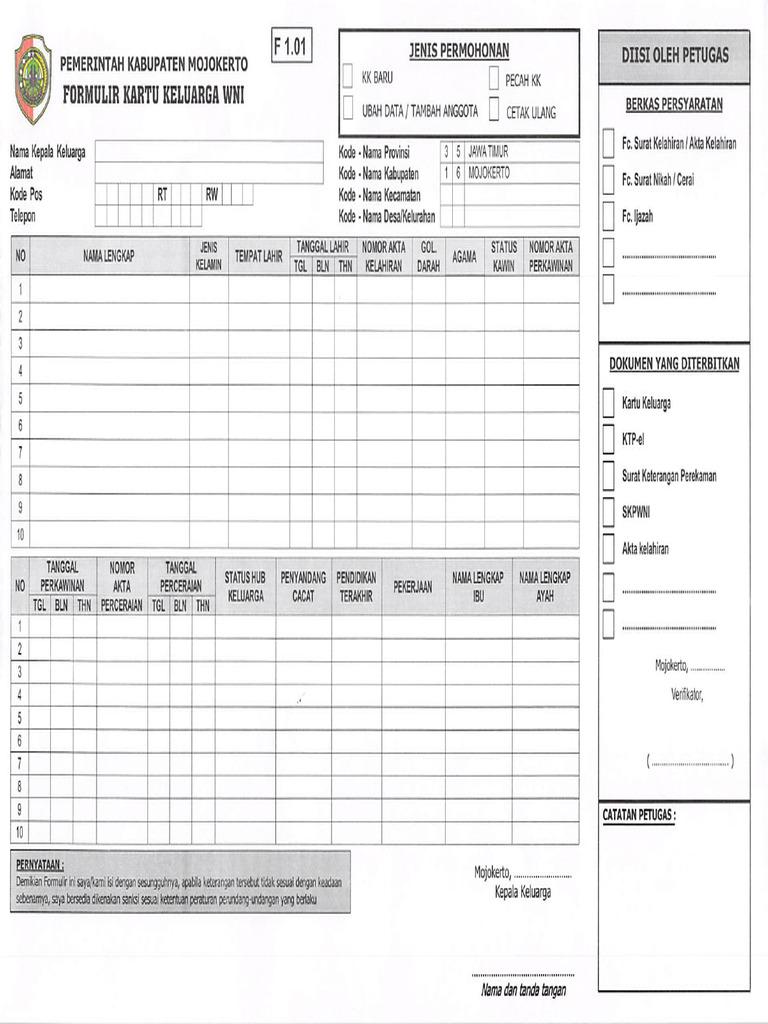 F 101 Formulir Kartu Keluarga | PDF
