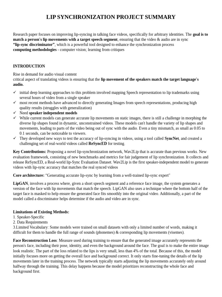 Lip Synchronizations Project Summary | PDF