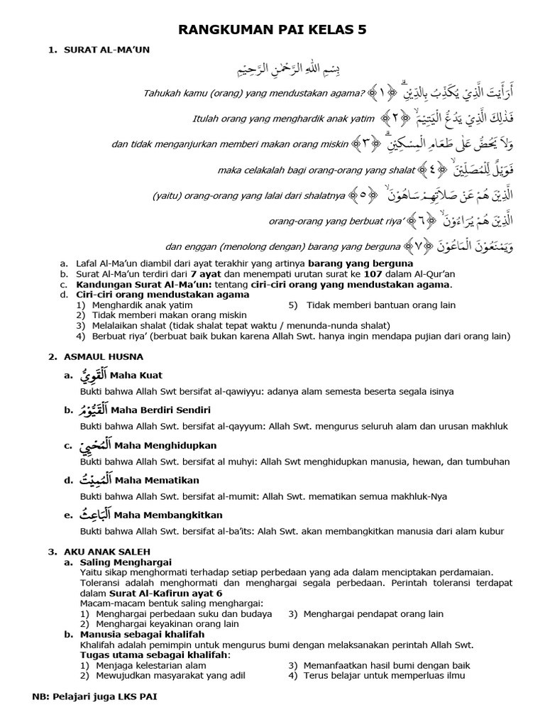Rangkuman Pai Kelas 5 | PDF