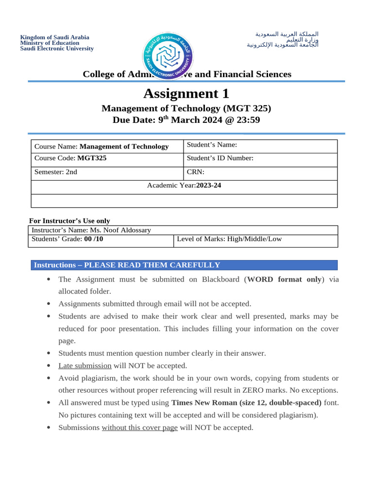 MGT325 Management of Technology-Assignment 1 2023-24 - 2nd Sem | PDF | Innovation | Saudi Arabia