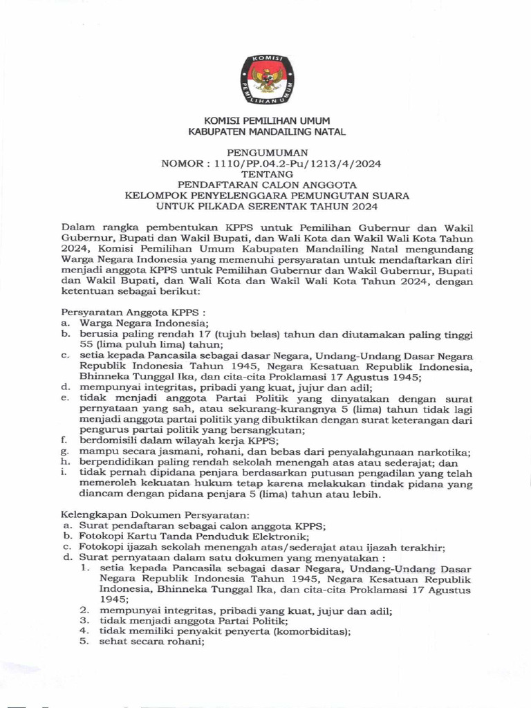 Pengumuman-Pendaftaran KPPS Pilkada 2024 | PDF