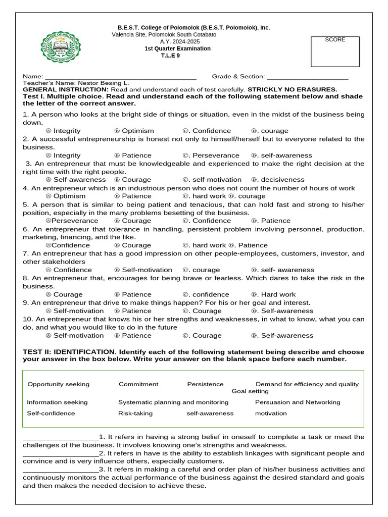 FINAL EXAM GRADE 9 | PDF