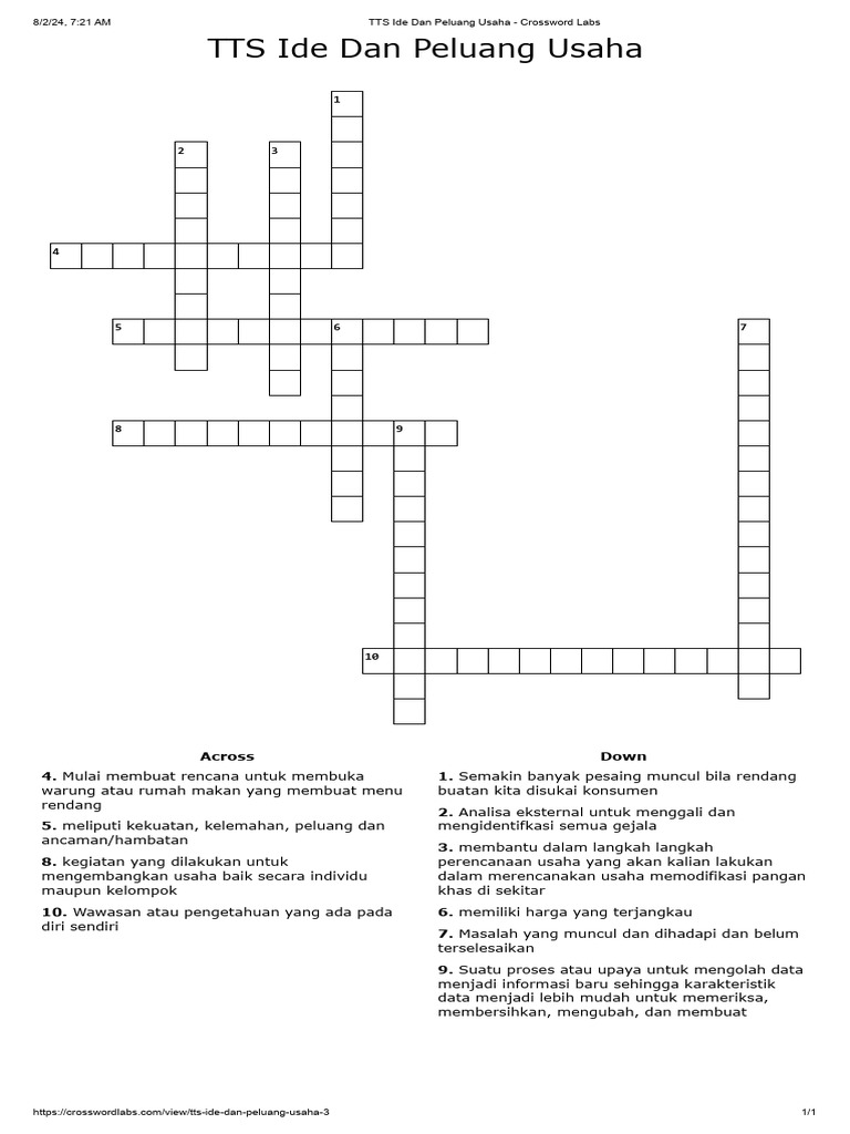 TTS Ide Dan Peluang Usaha - Crossword Labs | PDF
