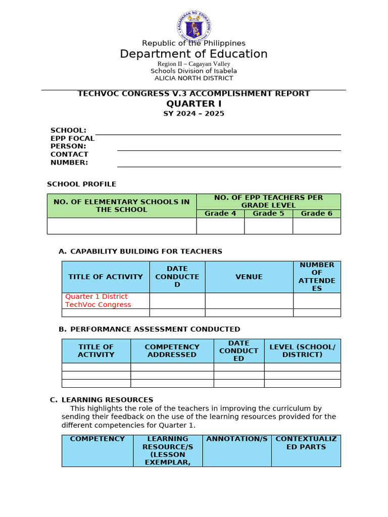 First Quarter-Accomplishment Report - EPP 4 | PDF | Learning | Teaching