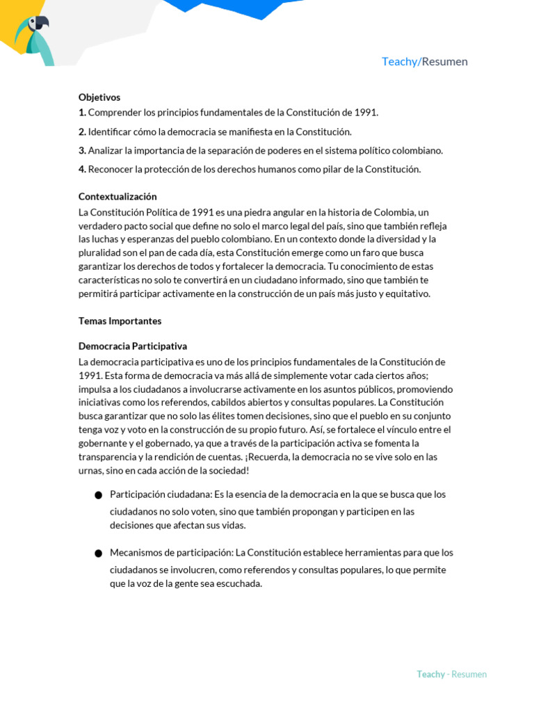 Resumen de Los Principios Fundamentales de La Constitucion de 1991 | PDF