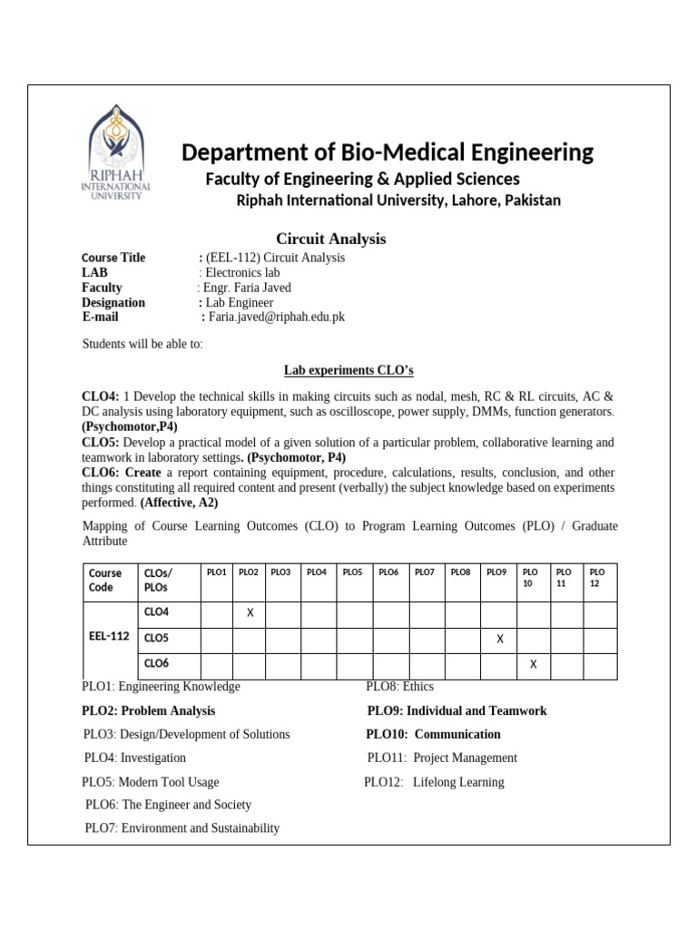 Circuit Analysis CLO+List of Experiment | PDF | Electrical Network ...