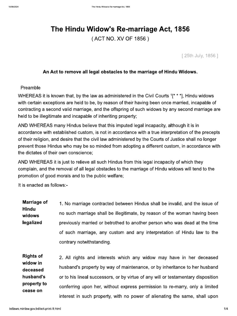 Hindu Widows Remarriage Act | PDF