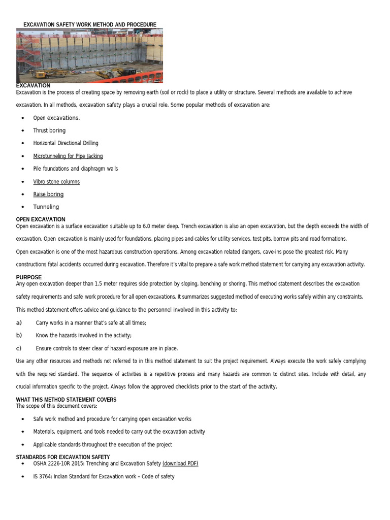 Excavation Safety Work Method and Procedure | PDF