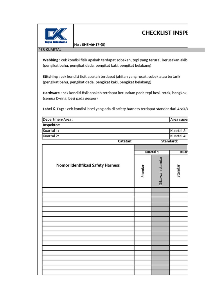 Checklist Inspeksi Safety Harness | PDF