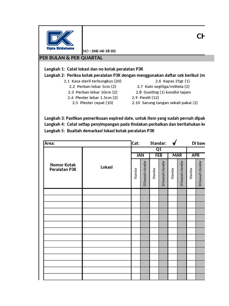 Checklist Inspeksi Peralatan P3K | PDF