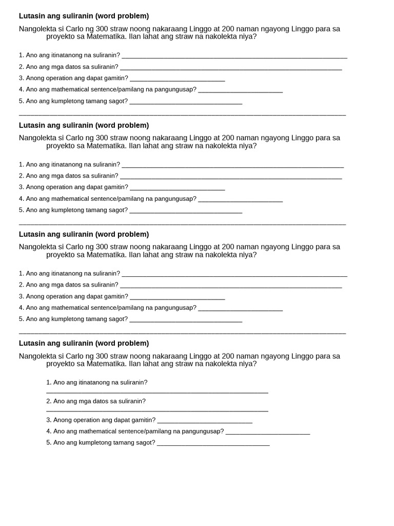 Seatwork (Word Problem Involving Addition) | PDF