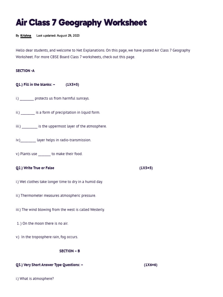 Air Class 7 Geography Worksheet | PDF