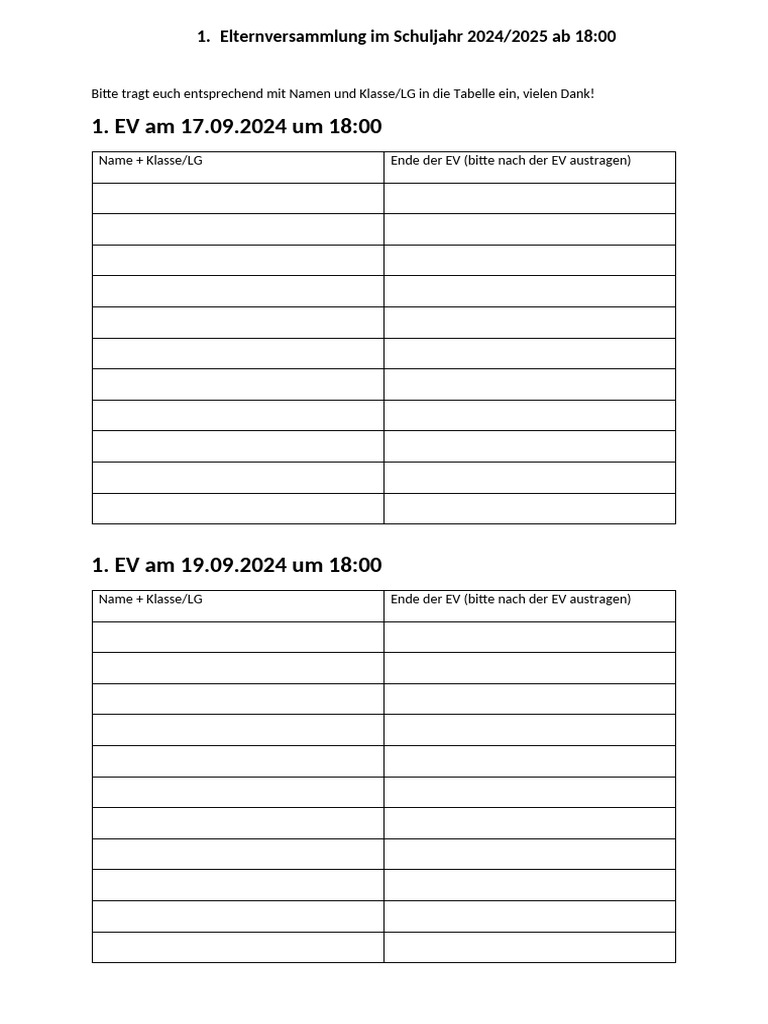 Ã Bersicht 1. EV Im Schuljahr 2024-2025 | PDF