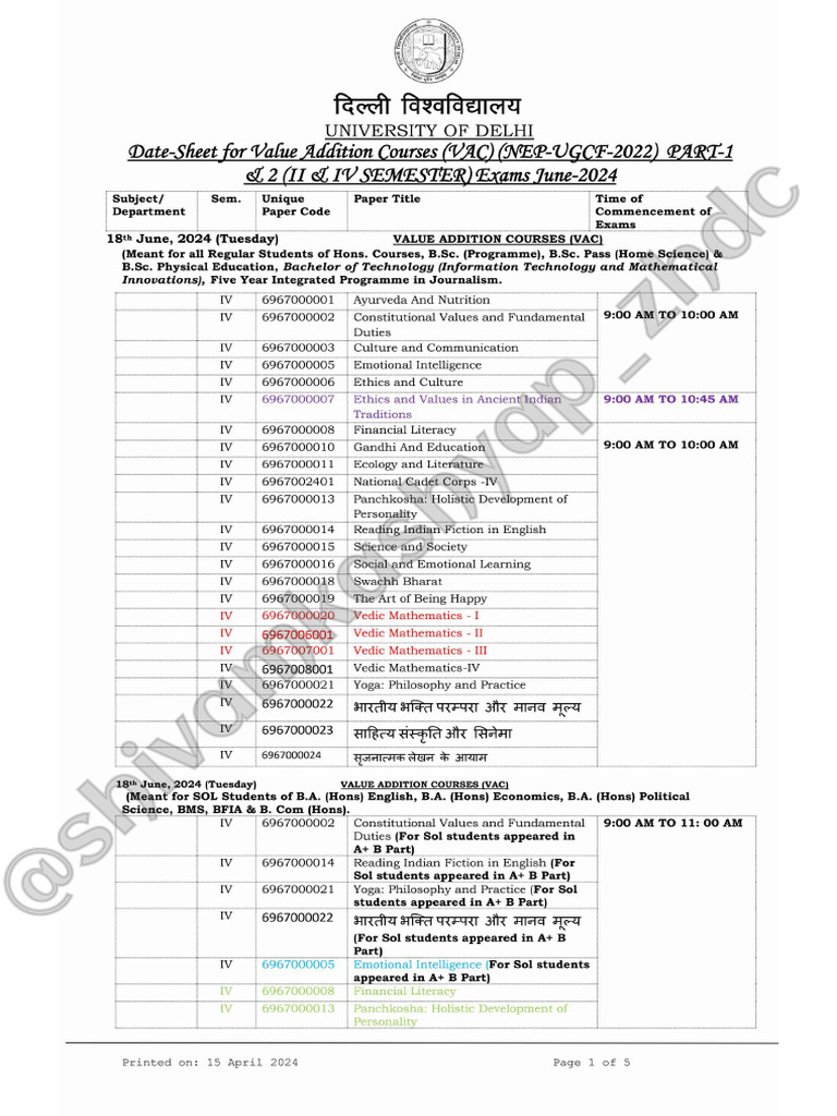 Vac Paper Date Sheet 2ND and 4TH Sem | PDF