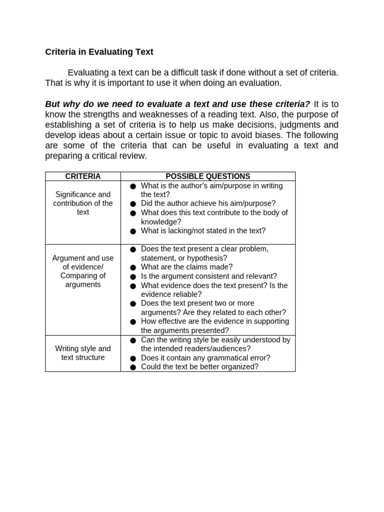 English Week 8 Lesson Criteria On Evaluating A Text | PDF