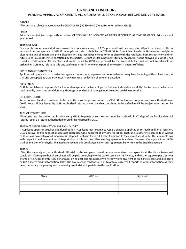 Credit Application Terms and Conditions | PDF