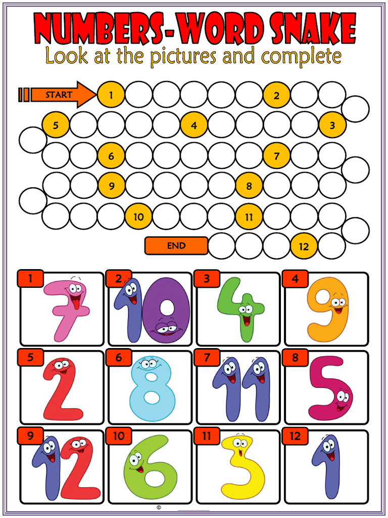 Numbers Esl Vocabulary Word Snake Puzzle Worksheet For Kids | PDF