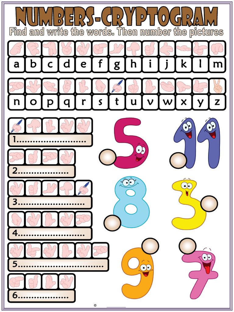 numbers esl vocabulary cryptogram puzzle worksheet for kids | PDF