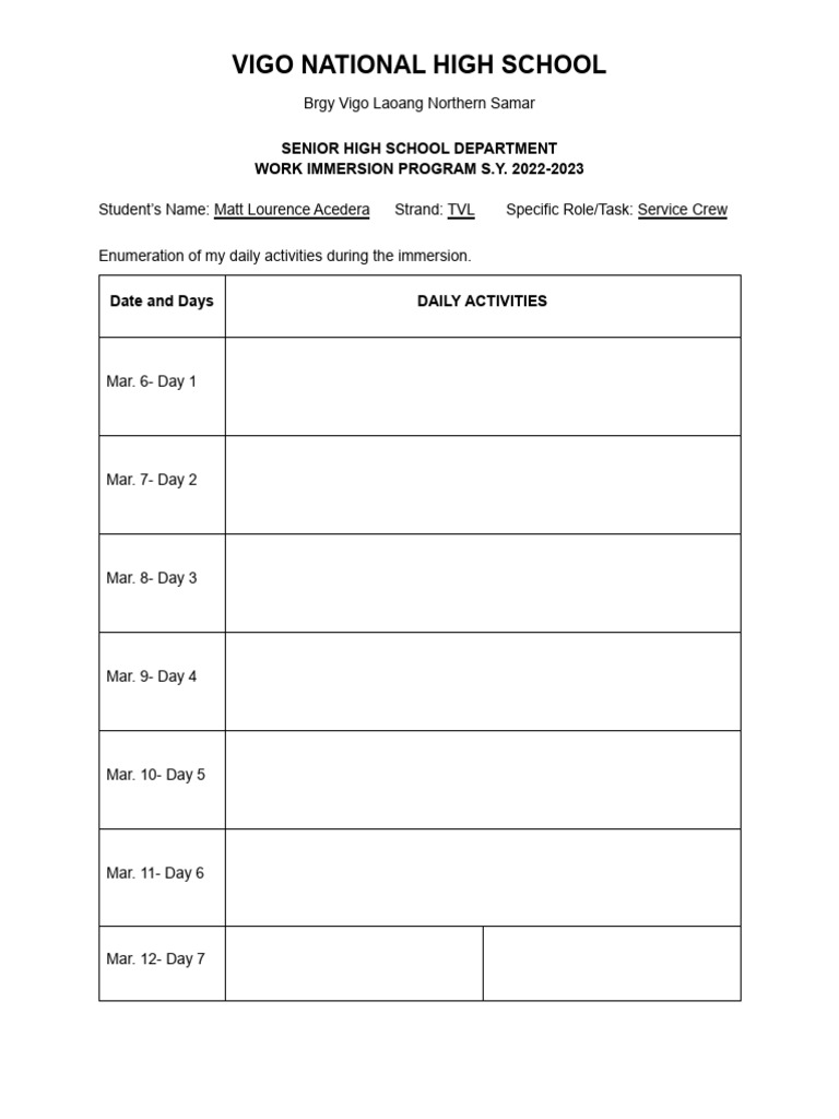 Work Immersion Daily Activities 1 | PDF