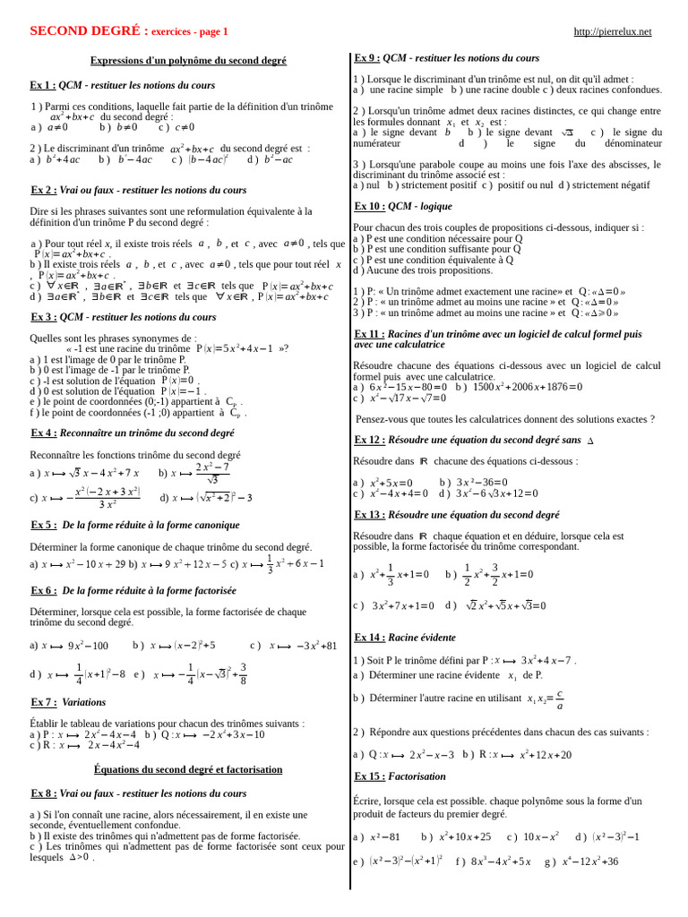 Exercices Second Degre | PDF