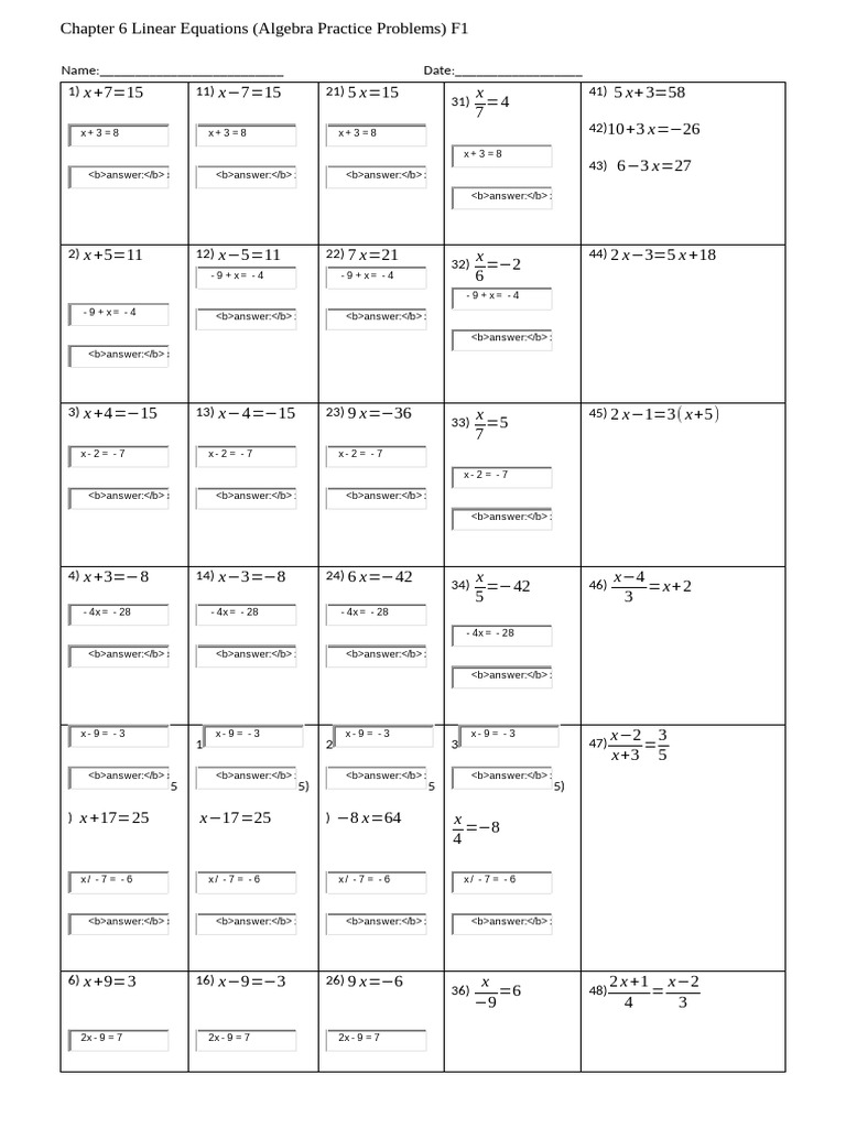 Chapter 6 Linear Equations (Algebra Practice Problems) F1 | PDF ...