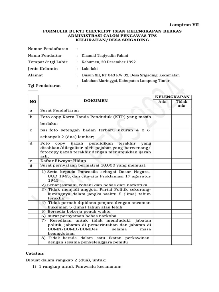 Lampiran VII Ceklis Kelengkapan Khamid Taqiyudin Fahmi | PDF