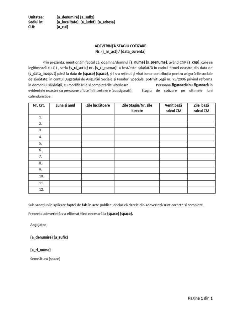 Adeverinta Stagiu Cotizare | PDF