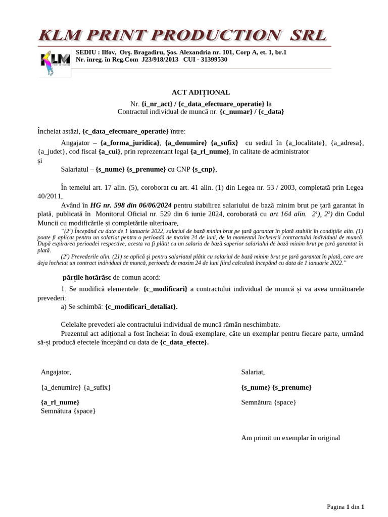 ActAditional Sal.min 07.24-Salariati Cu Vechime Peste 2 Ani - KLM | PDF