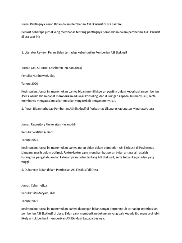 Jurnal Pentingnya Peran Bidan Dalam Pemberian ASI Eksklusif Di Era Saat Ini | PDF