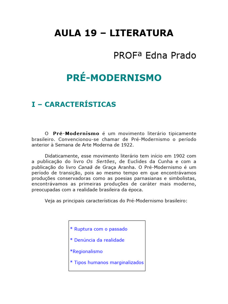 Literatura - Aula 19 - Pré-Modernismo - Brasil | PDF