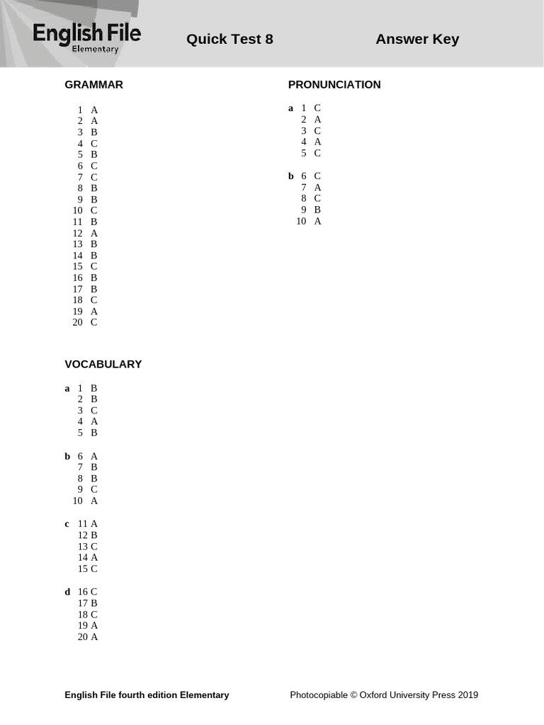 EF4e Elem Quicktest8 Answer Key | PDF