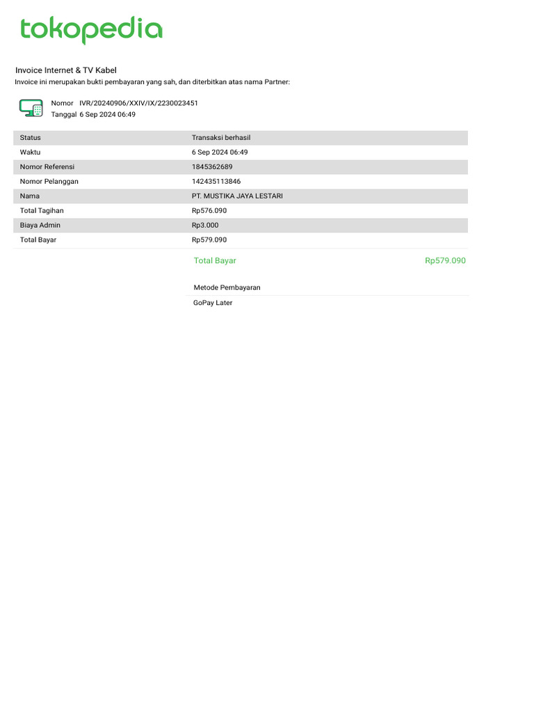 Invoice Indihome Bulan September | PDF