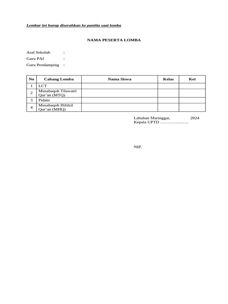 Nama Peserta Lomba Pai 2024 | PDF