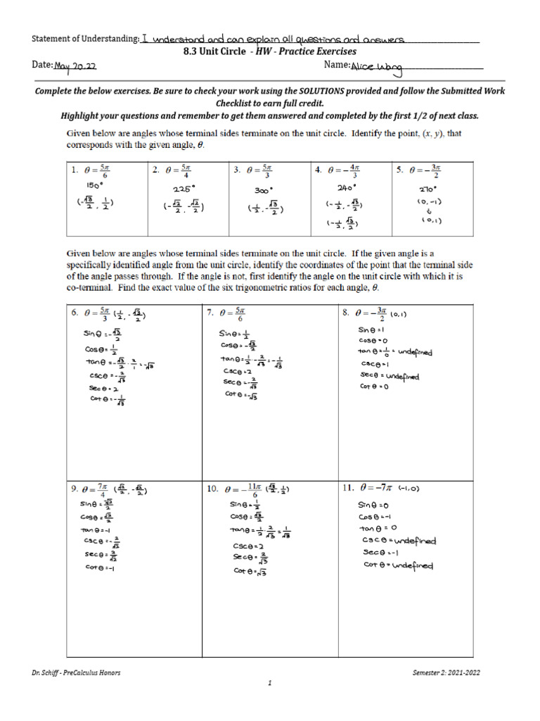 8 3+Unit+Circle+-+Practice+Exercises+w+S | PDF