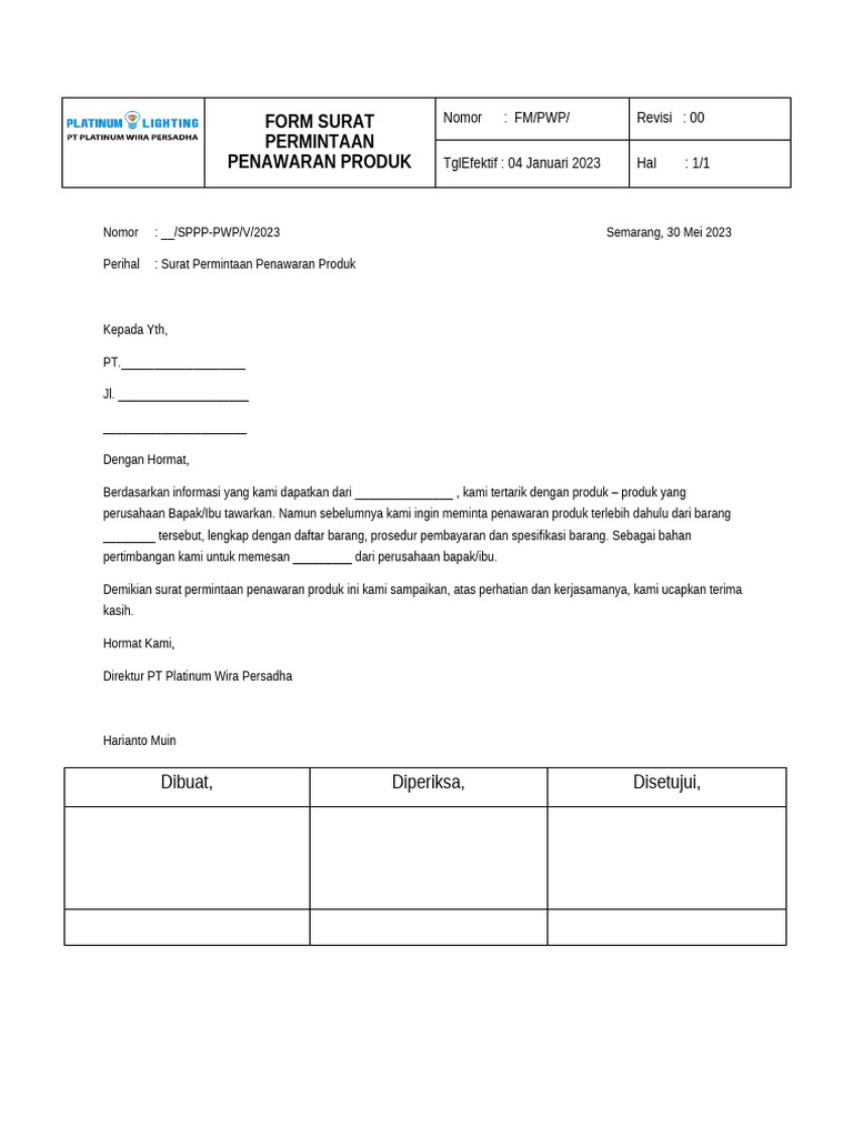 Form Surat Permintaan Penawaran Produk | PDF
