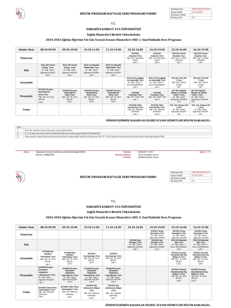 OKÜ - Öi̇db - FR.0039 Bölüm-Program Haftalık Ders Programı Tablo Formu ...