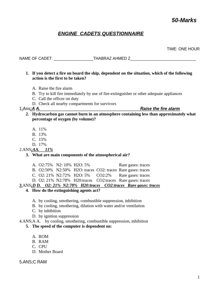 Engine Cadet Questionnaire | PDF