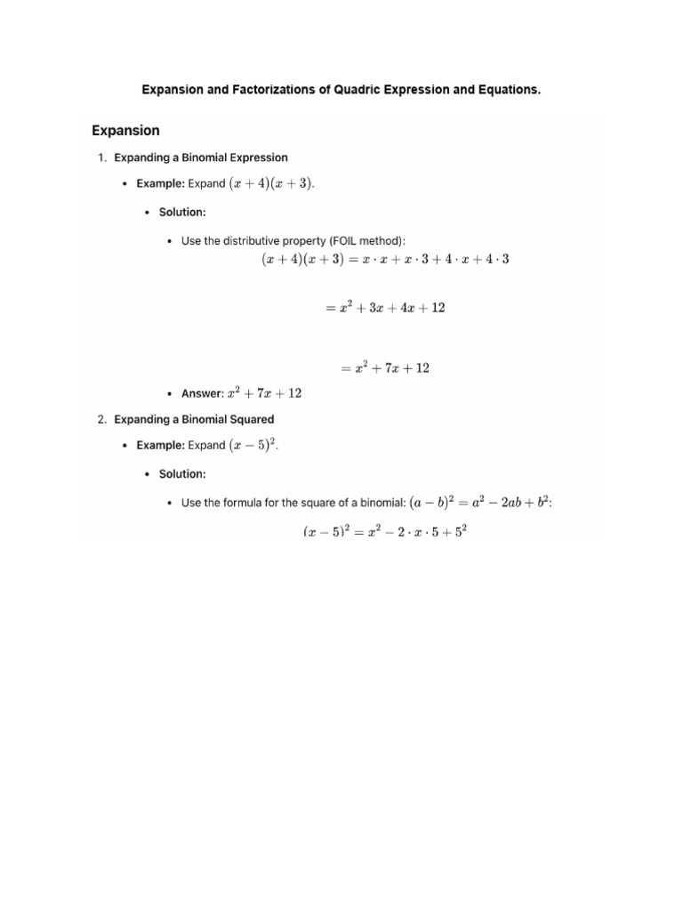 Math (Expansion and Factorizations of Quadric Expression and Equations ...