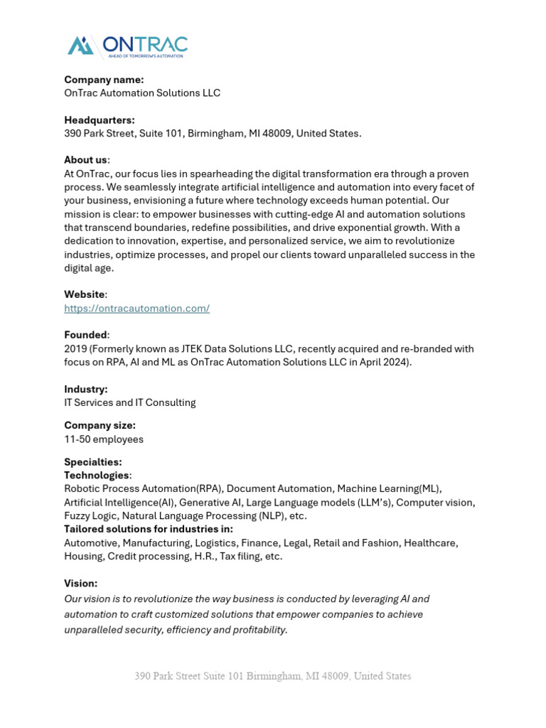 OnTrac Automation - JD for Jr. Automation Engineer | PDF