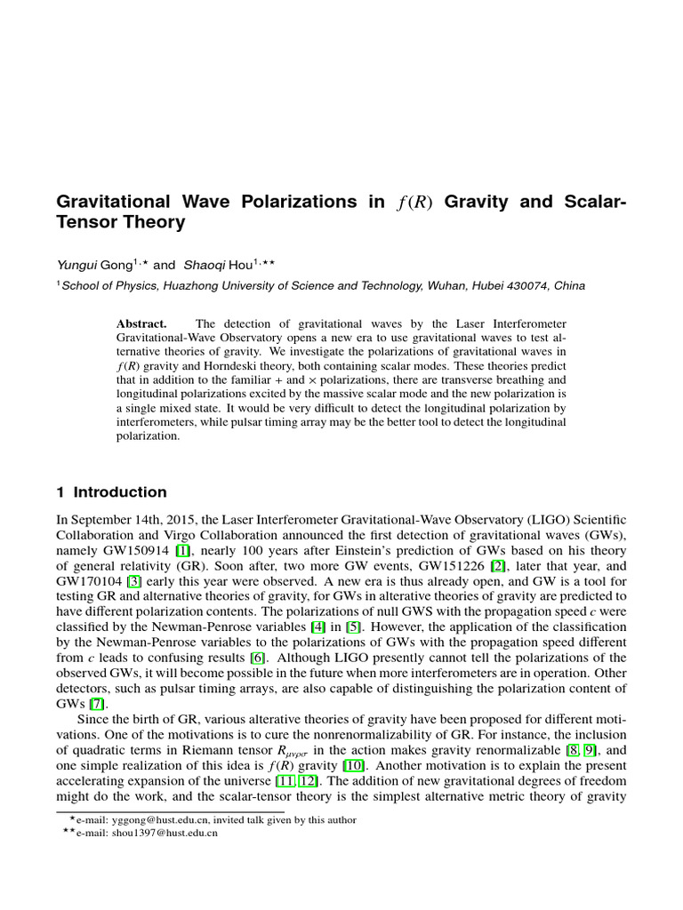 Gravitational Wave Polarizations in Gravity and Scalar-Tensor Theory | PDF