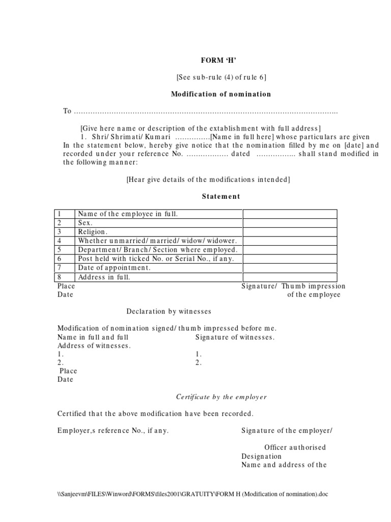 Gratuity Form H Modification Nomination | PDF
