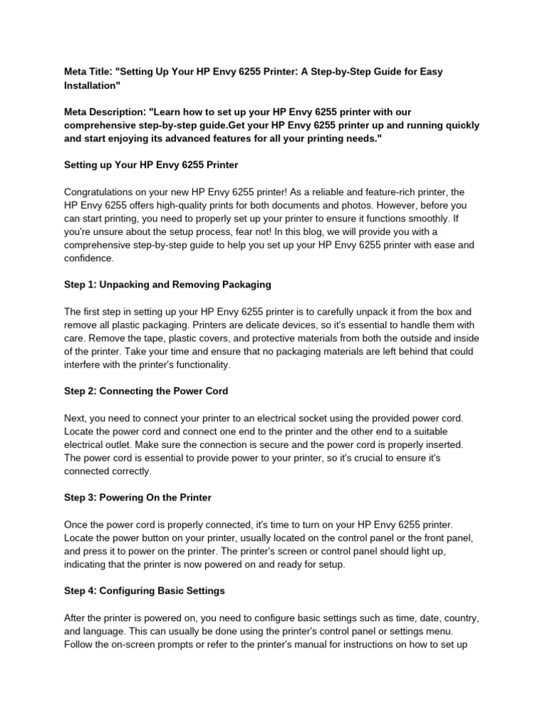 Meta Title - Setting Up Your HP Envy 6255 Printer - A Step-by-Step Guide For Easy Installation | PDF