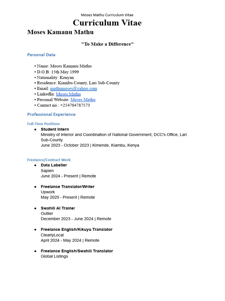 Moses Mathu CV PDF | PDF