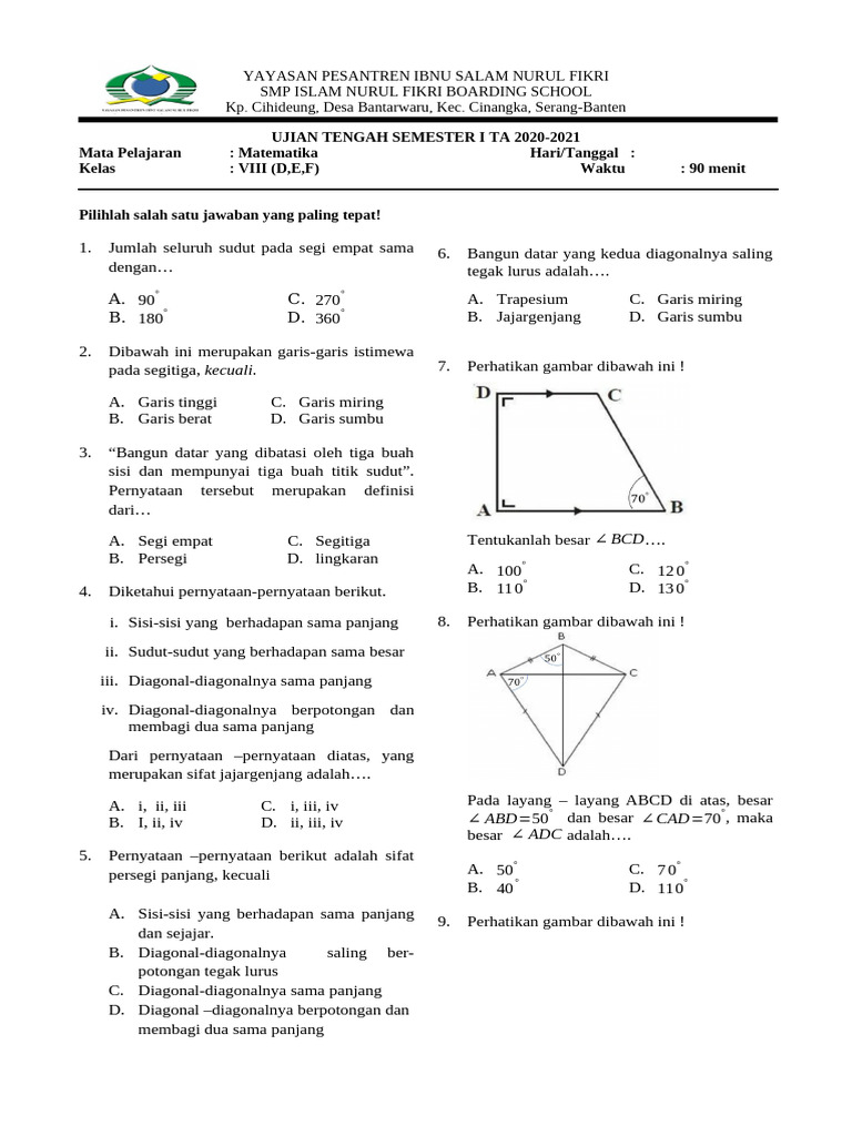 Soal PTS MTK Kelas 8 Sem 1 | PDF