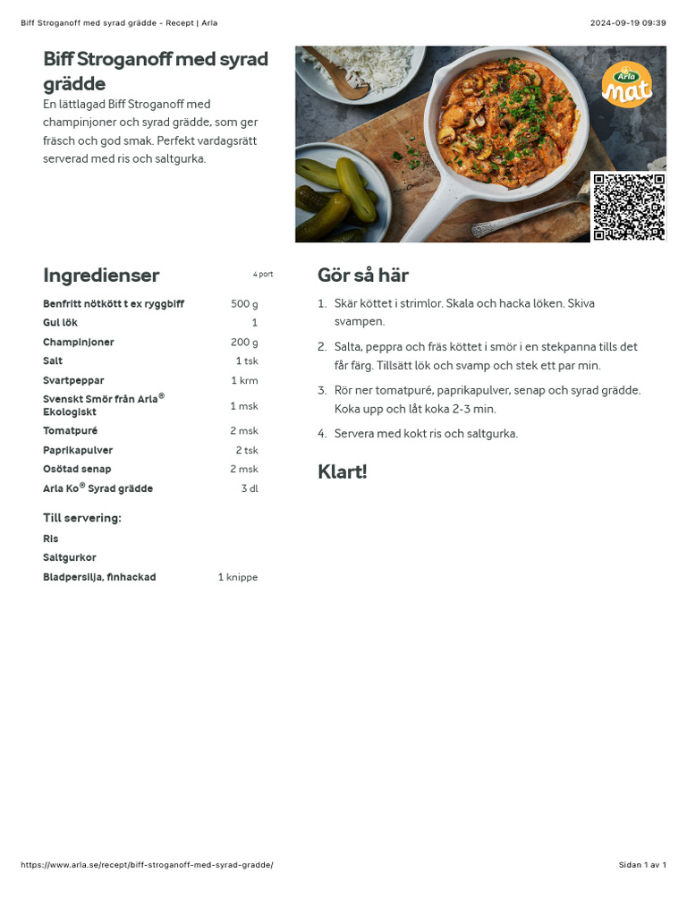 Biff Stroganoff Med Syrad Grädde - Recept - Arla | PDF