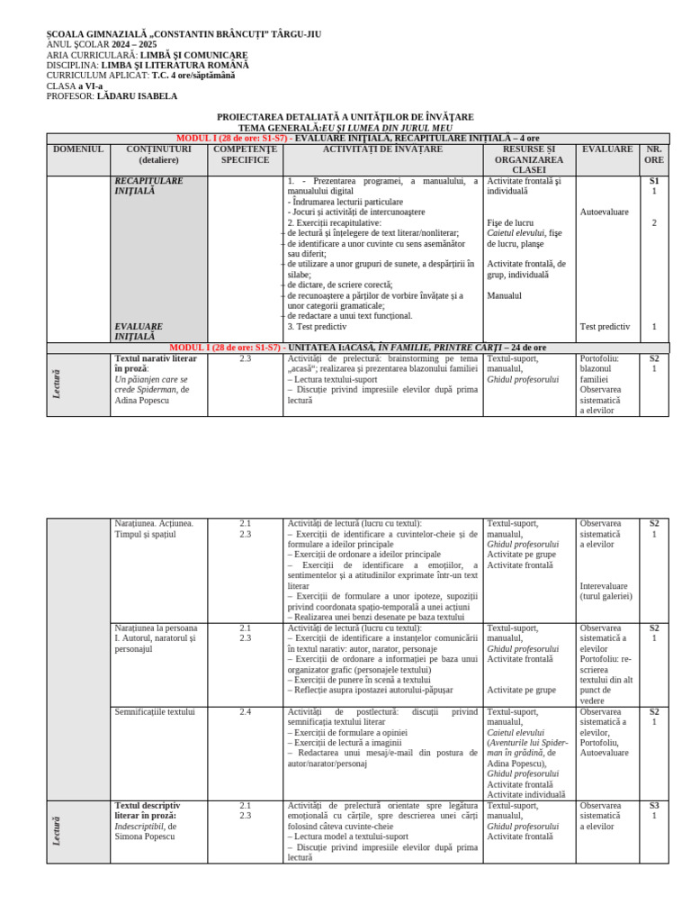 Planificare Detaliata VI Art 20242025 | PDF