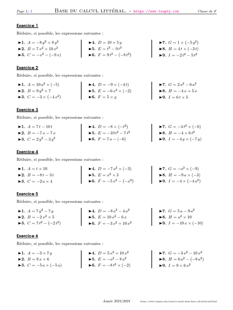Exercice Base Calcul Litteral 4eme 1 | PDF